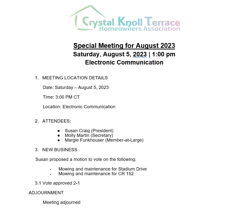 Special Meeting August 2023 – Crystal Knoll Terrace Homeowners Association